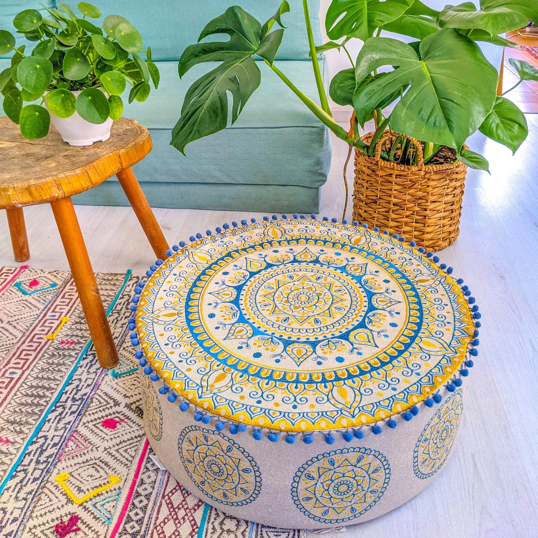 Bohemian Pouf Ottoman Cover -blue and Gold Embroidery - Luxury, Artisan ...