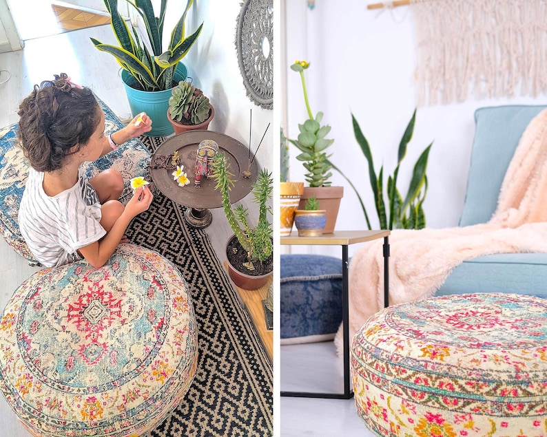 Round Moroccan Pouf Ottoman - Floor Cushion Cover - Meditation Pillow ...