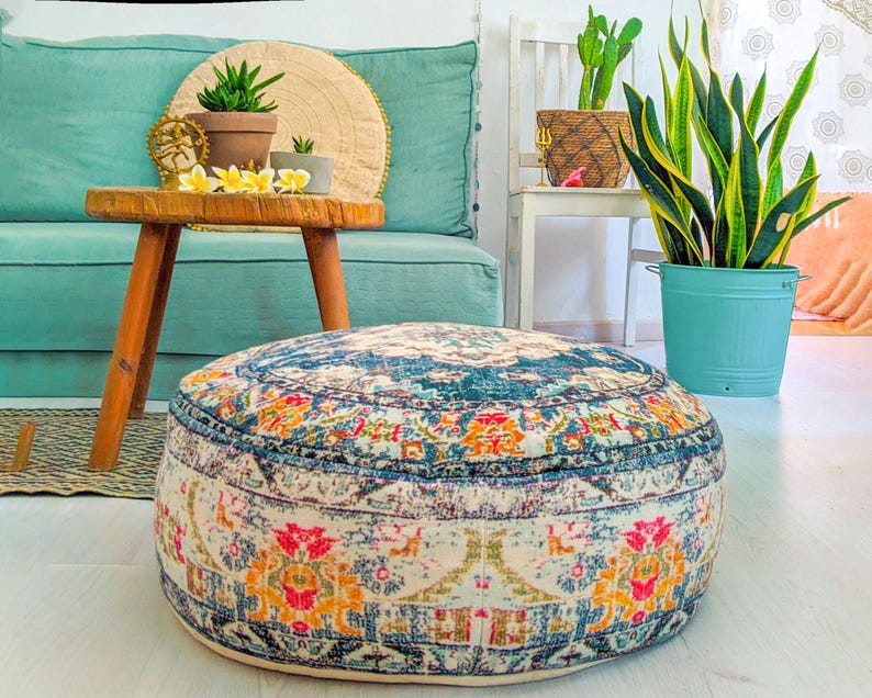 Round Moroccan Pouf Ottoman - Floor Cushion Cover - Meditation Pillow ...
