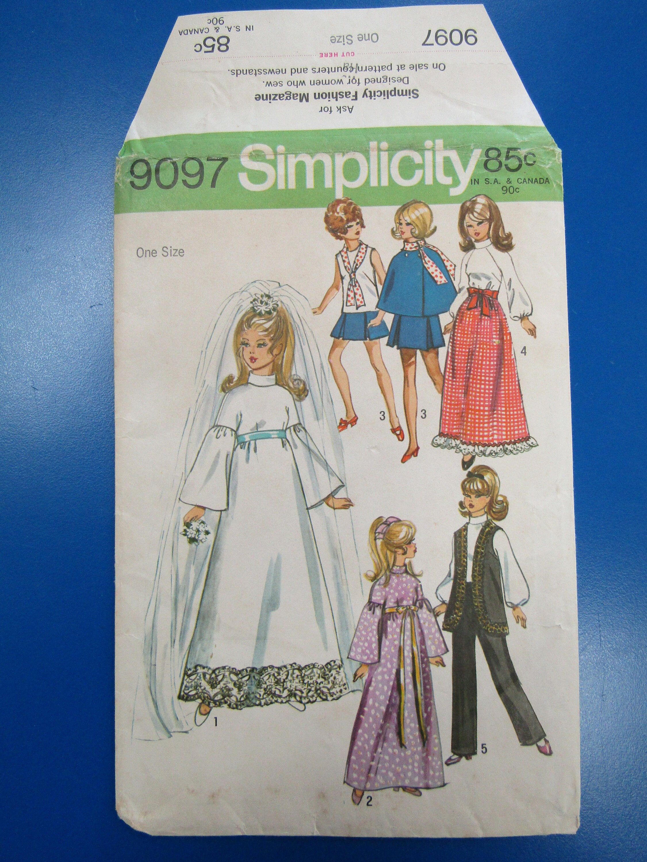 1970 Simplicity 9097 Barbie 11.5 Doll Clothes Pattern Wedding Gown Pant ...