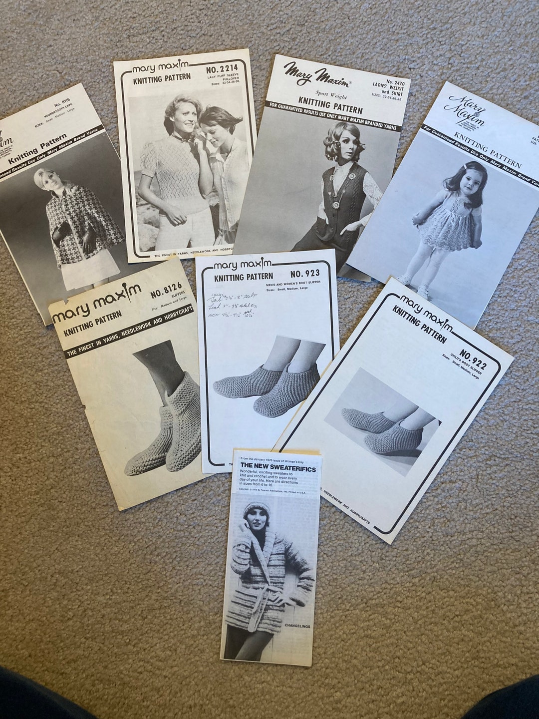 1970s Mary Maxim Knit Crochet Pattern Leaflets LOT OF 8 Slippers Poncho ...