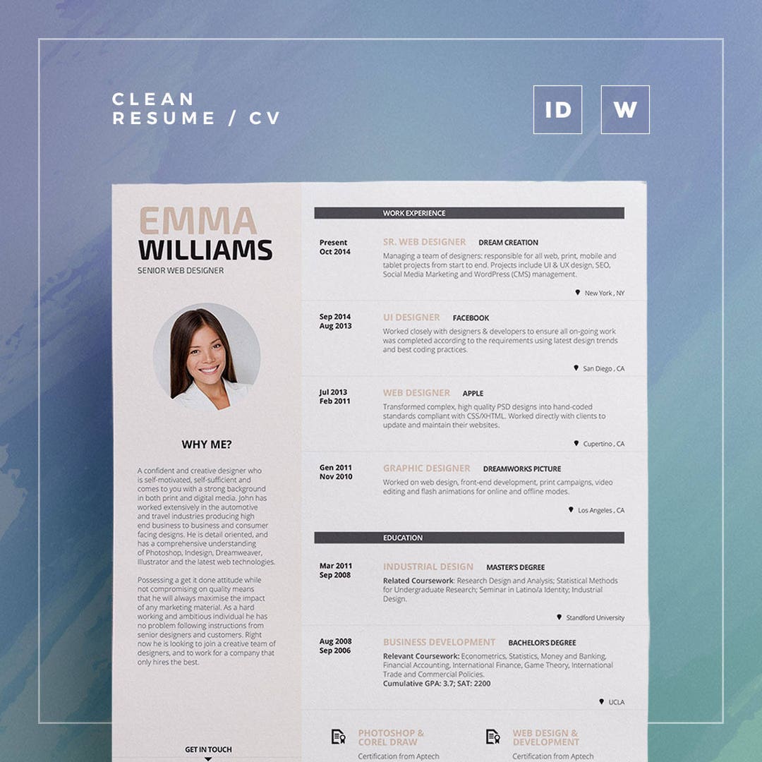Resume/cv Template "emma" | Word and Indesign Template | Professional ...