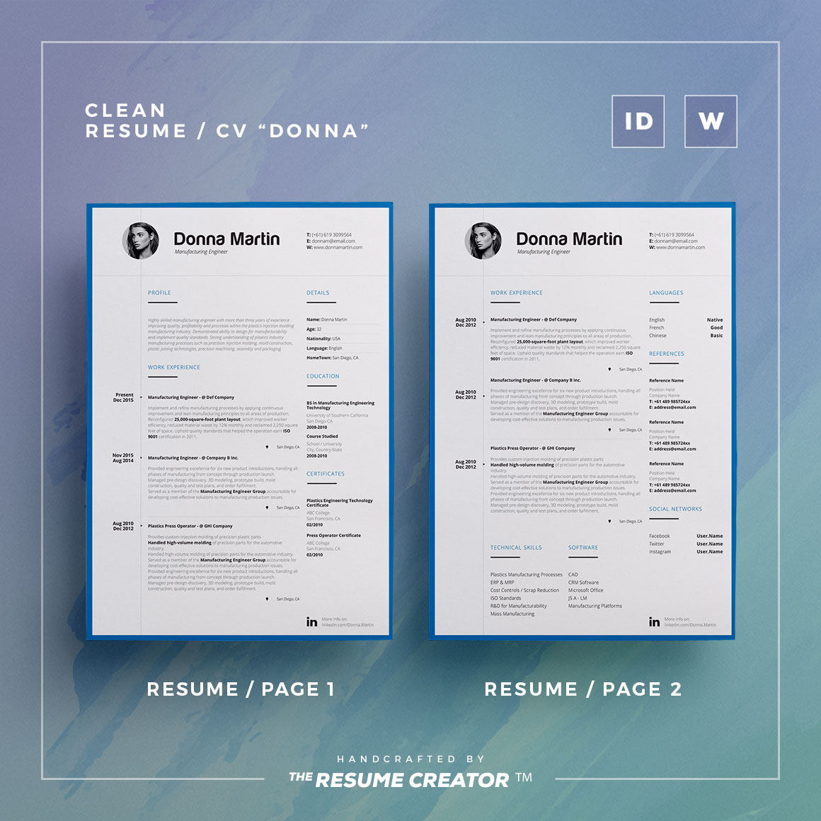Clean Resume/cv "donna" | 2 Pages Word and Indesign Template ...