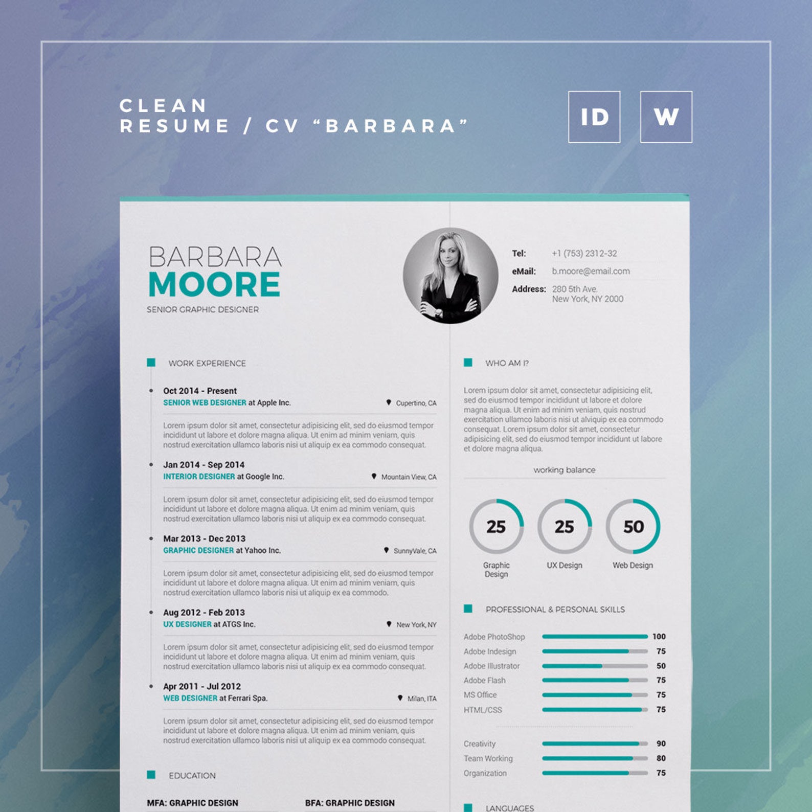 Clean Resume/cv "barbara" | Word and Indesign Template | Professional ...