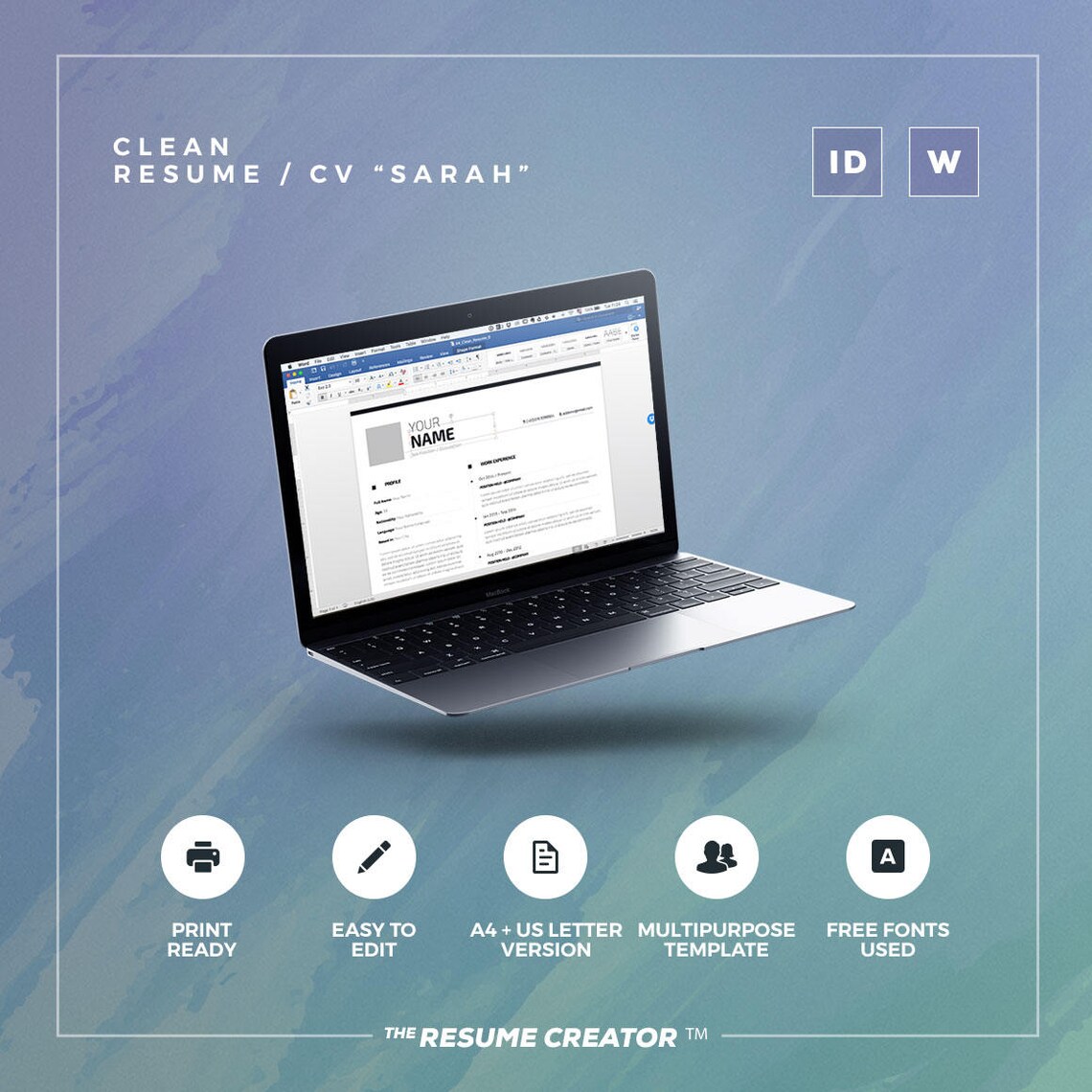 Clean Resume/cv "sarah" | Word and Indesign Template | Professional and ...