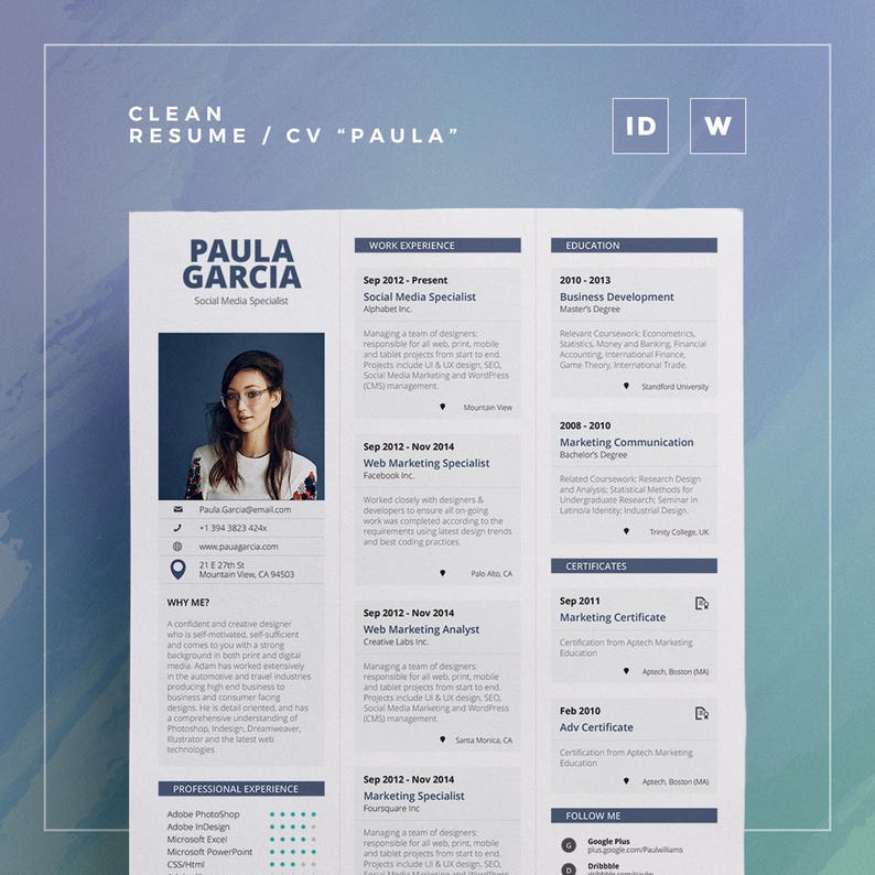 Clean Resume/cv "paula" | Word and Indesign Template | Professional and ...