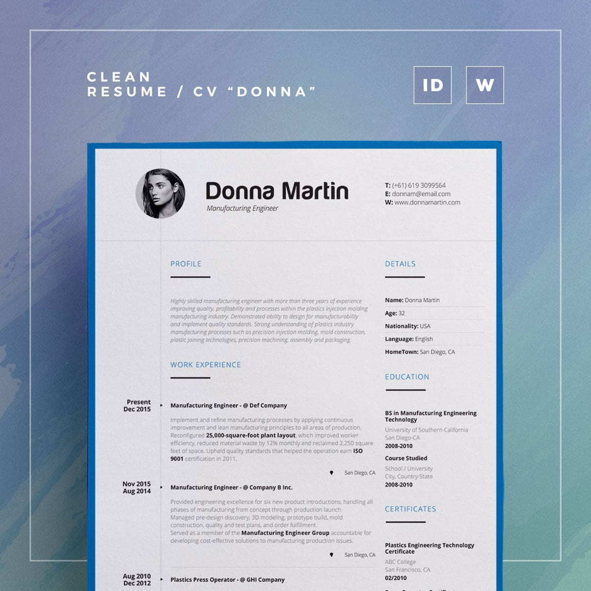 Clean Resume/cv donna 2 Pages Word and Indesign Template Professional ...