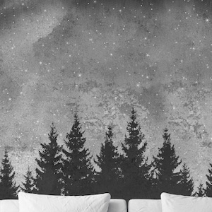 Forest Trees Night Scene Mural Wallpaper: Black & White Wall Art - Etsy