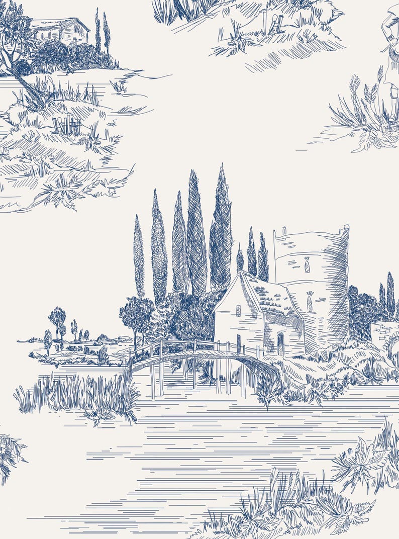 Rustic Sketches Wallpaper, Navy, Wallpaper - Etsy