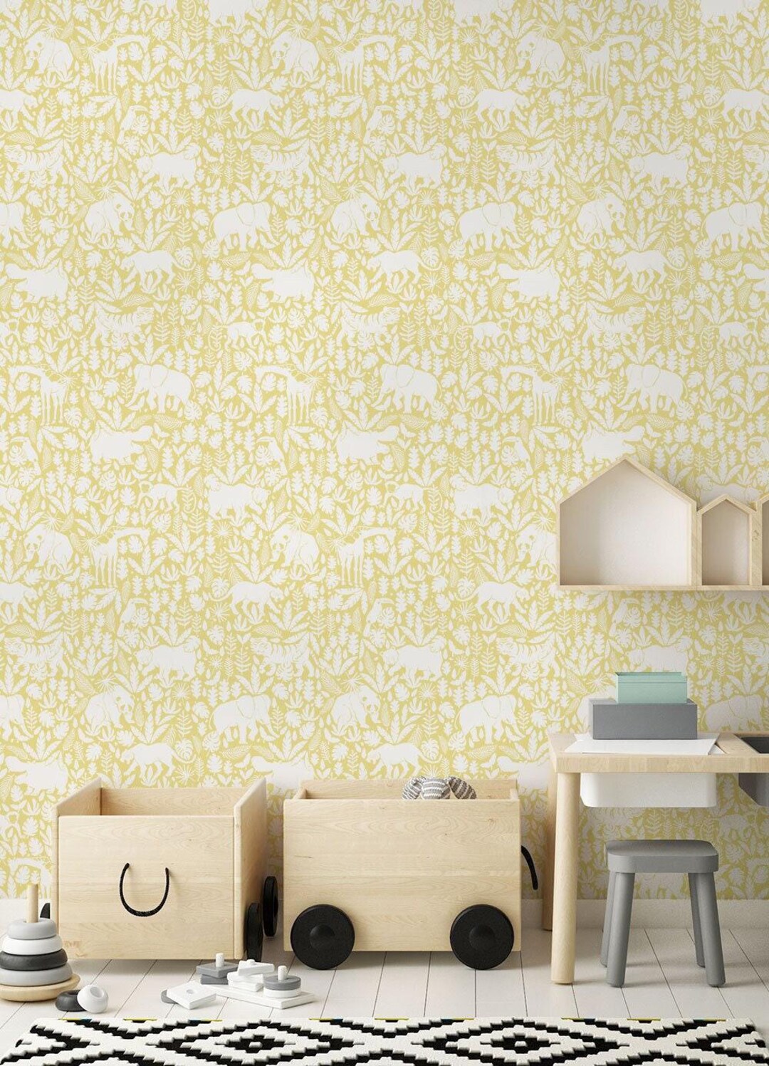 Jungle Animals Safari Pattern Wallpaper, Yellow, Peel and Stick or ...