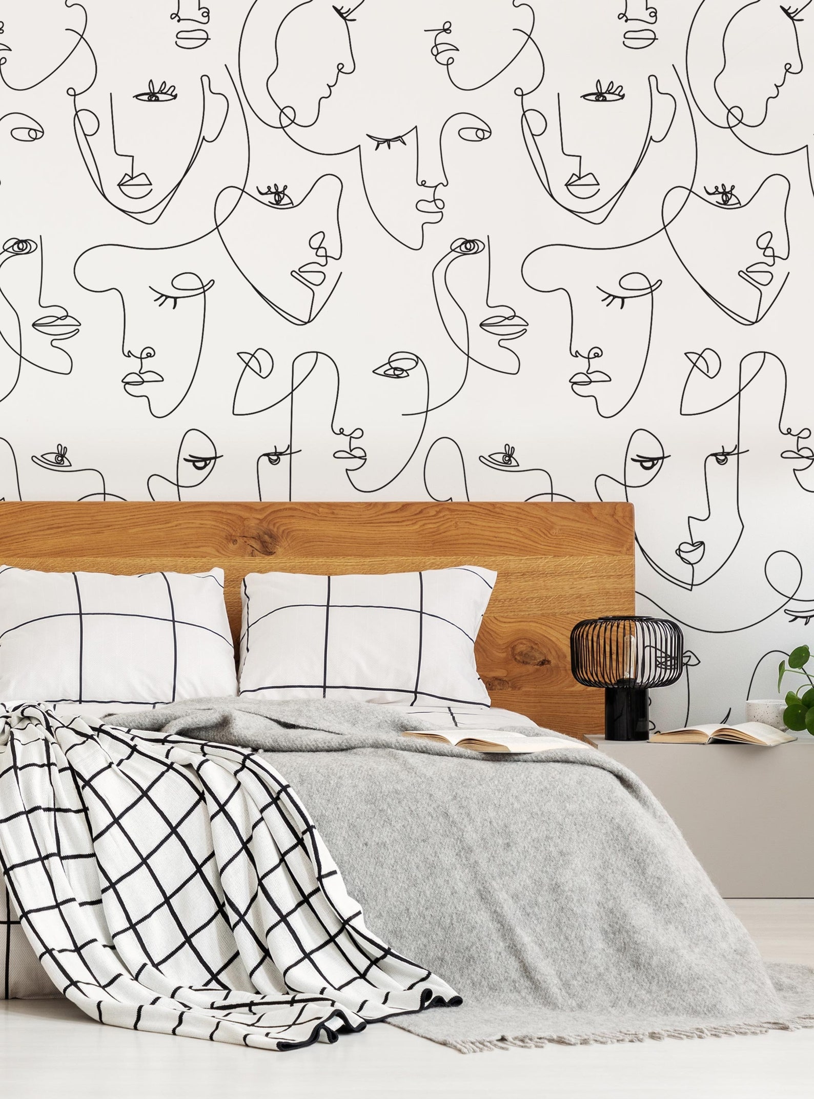 Minimalist Face Line Art Mural Wallpaper Black Peel and - Etsy
