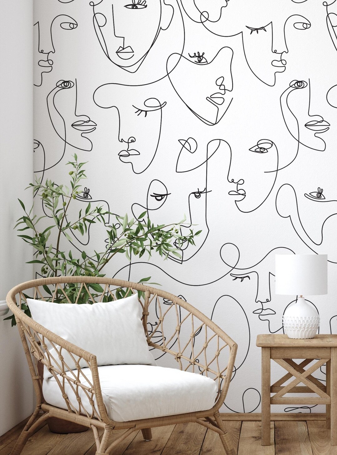 Minimalist Face Line Art Mural Wallpaper, Black, Wall Mural - Etsy