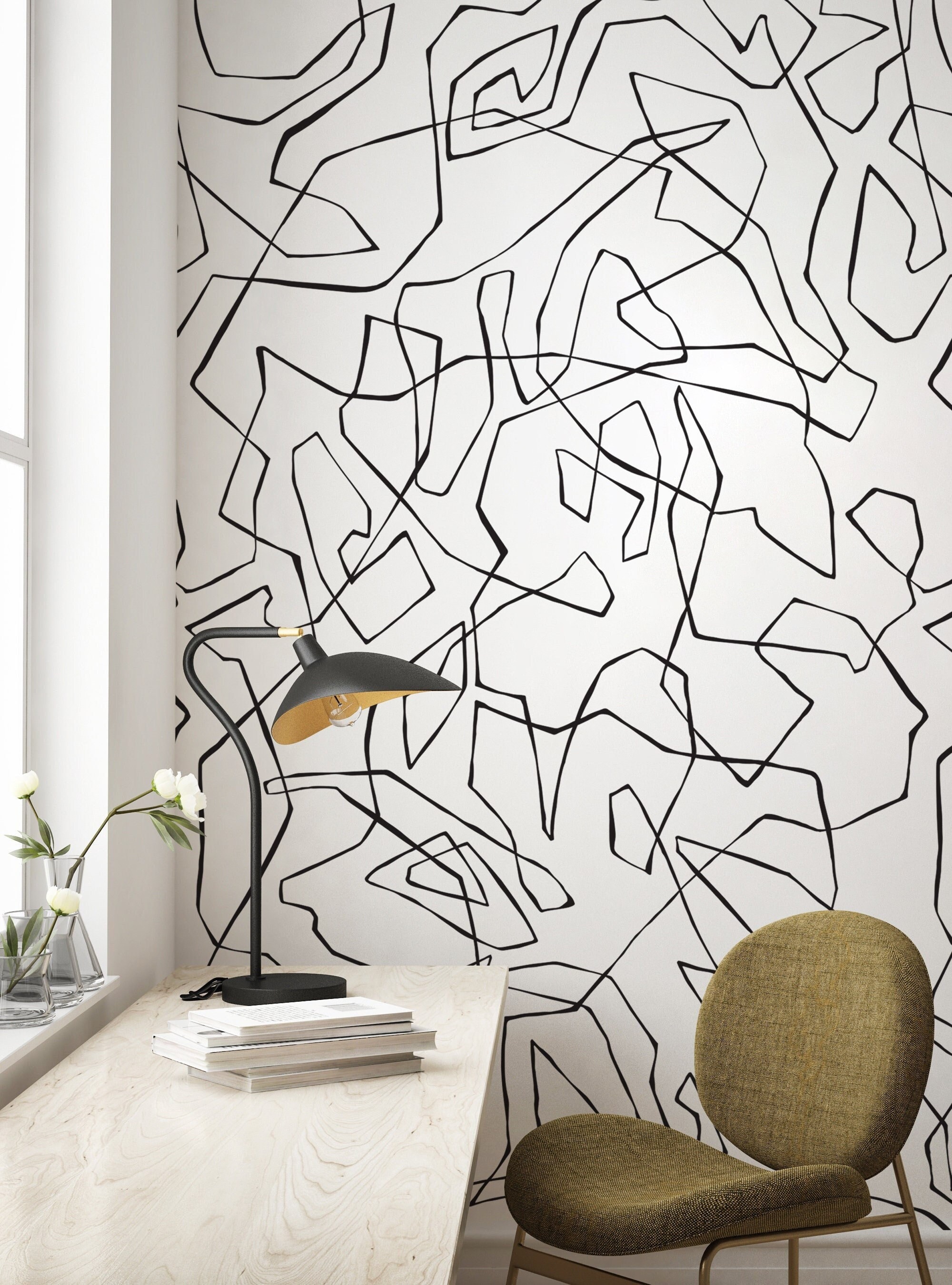 Entangled Lines Abstract Mural Wallpaper, Black, Wall Mural - Etsy