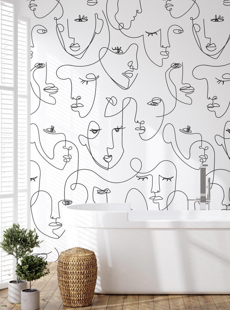 Minimalist Face Line Art Mural Wallpaper Black Peel and - Etsy