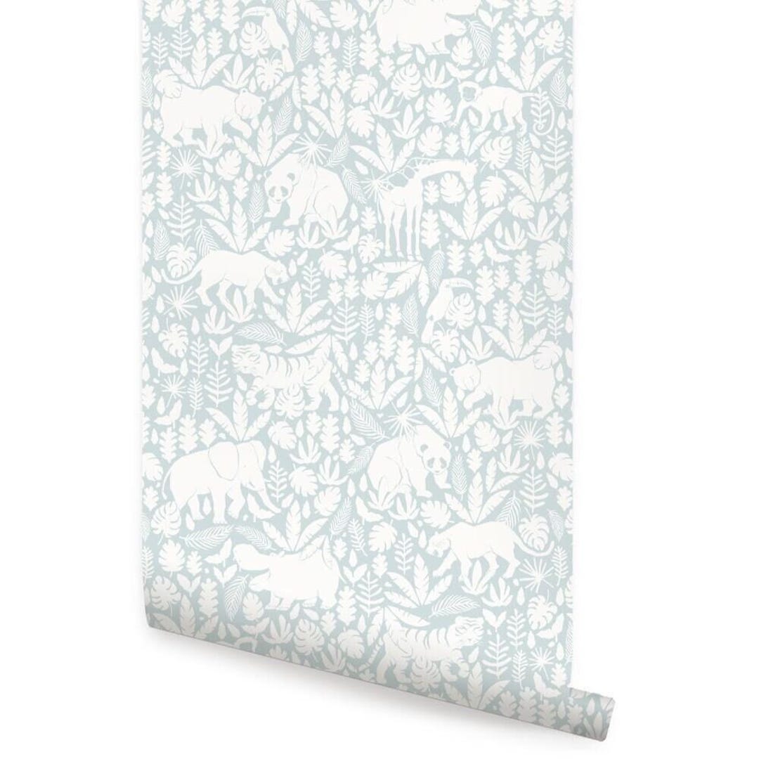 Jungle Animals Safari Pattern Wallpaper, Light Blue, Peel and Stick or ...