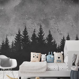 Forest Trees Night Scene Mural Wallpaper: Black & White Wall Art - Etsy