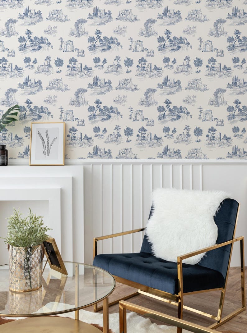 Rustic Sketches Wallpaper, Navy, Wallpaper - Etsy