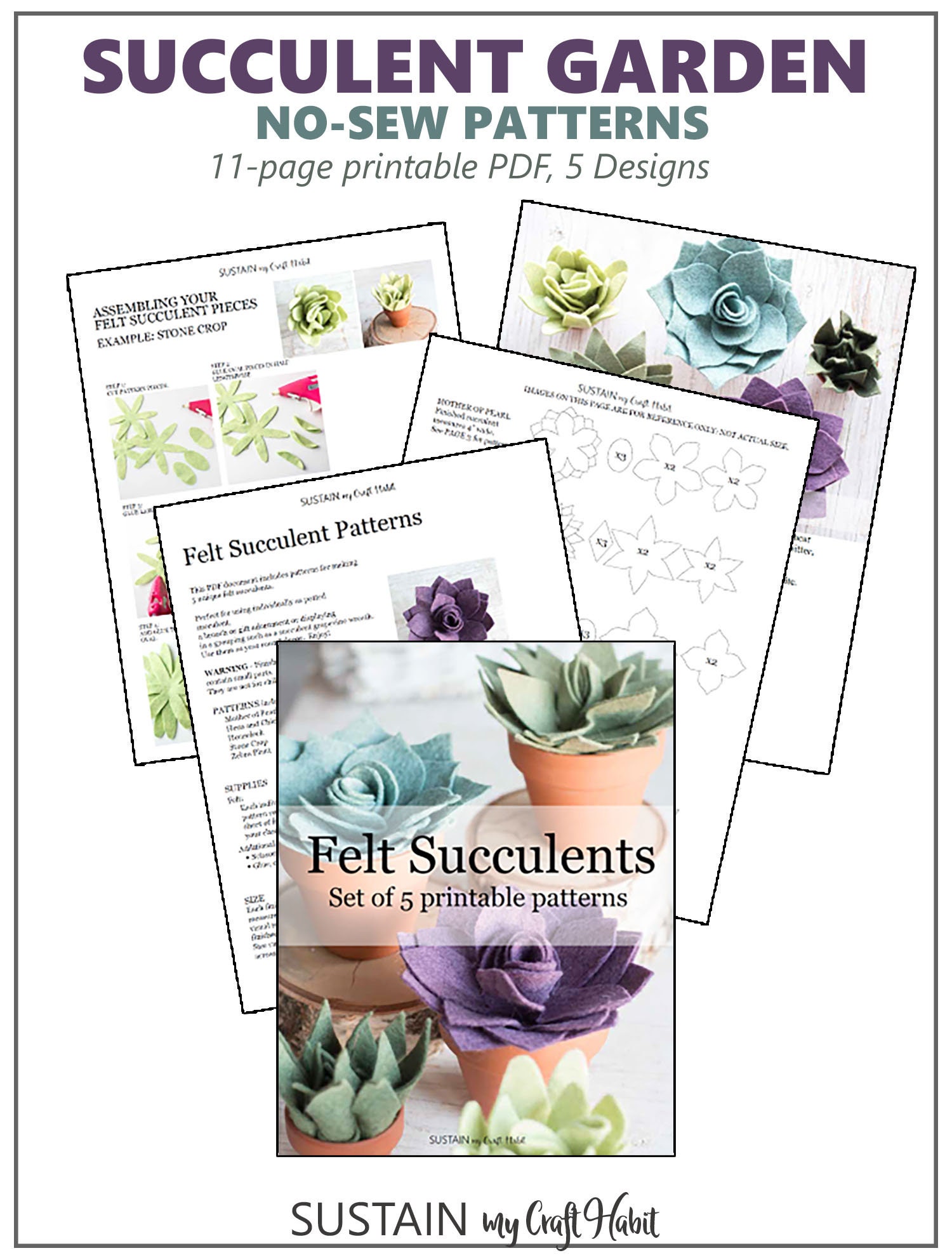 Succulent PATTERN Cutting Template; 5 No-sew Felt or Paper Succulents ...