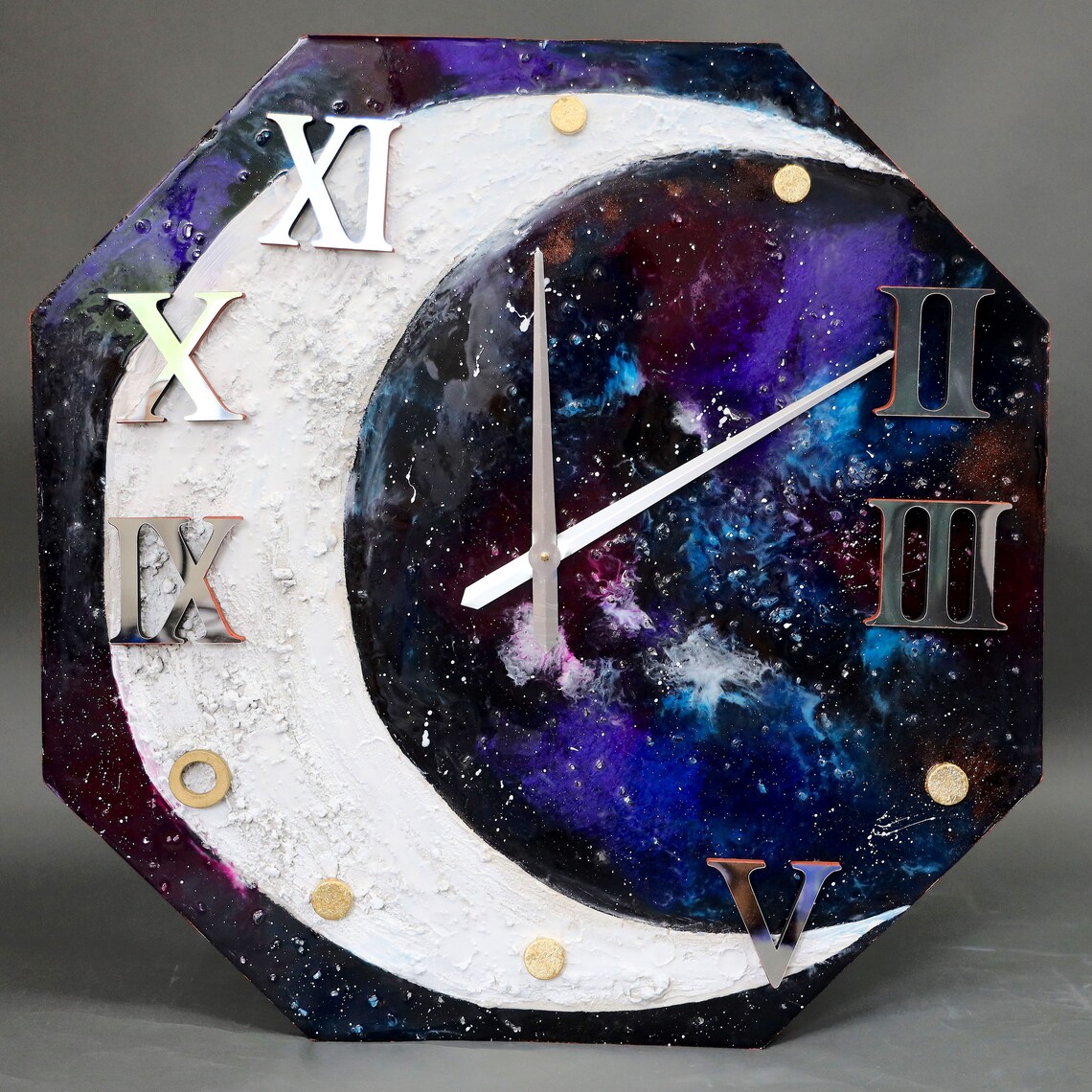 Large Galaxy Wall Clock, Moon Star Wall Clock, 3d Epoxy Resin Clock ...