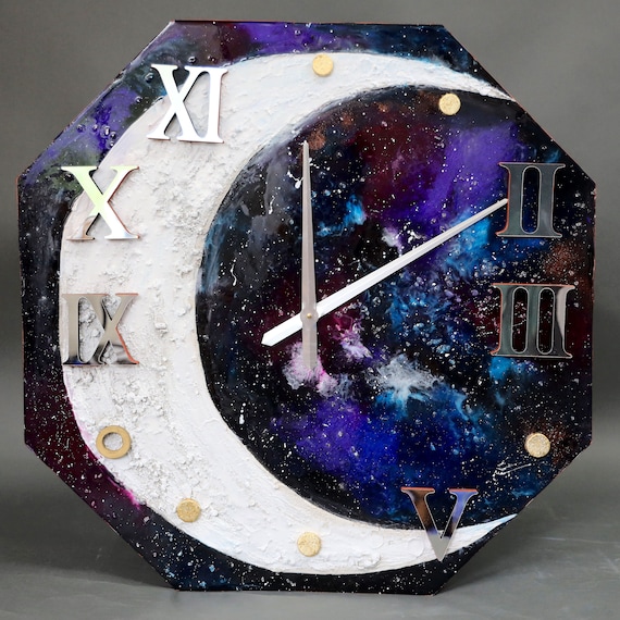 Large Galaxy Wall Clock Moon Star Wall Clock 3d Epoxy Resin | Etsy