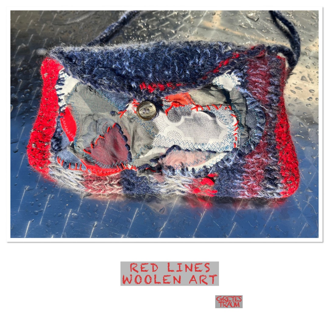 Bag, Unique Handmade, Boho, Red Blue, RED LINES, Unique Art, Felt ...