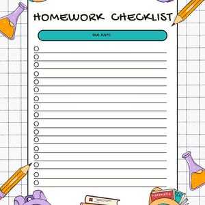 Homework Checklist Printable | Kids School Planner | Study Organizer ...