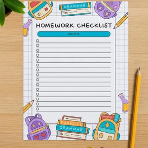 Homework Checklist Printable | Kids School Planner | Study Organizer ...