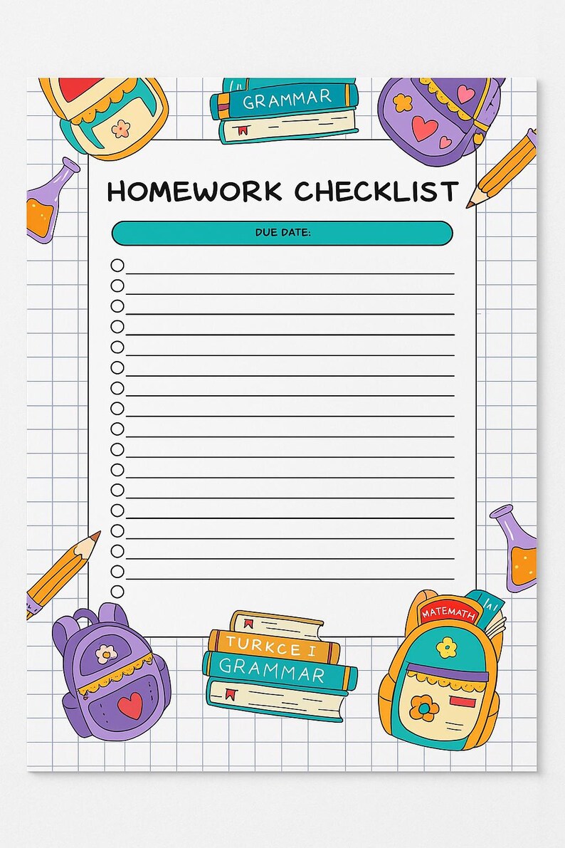 Homework Checklist Printable | Kids School Planner | Study Organizer ...