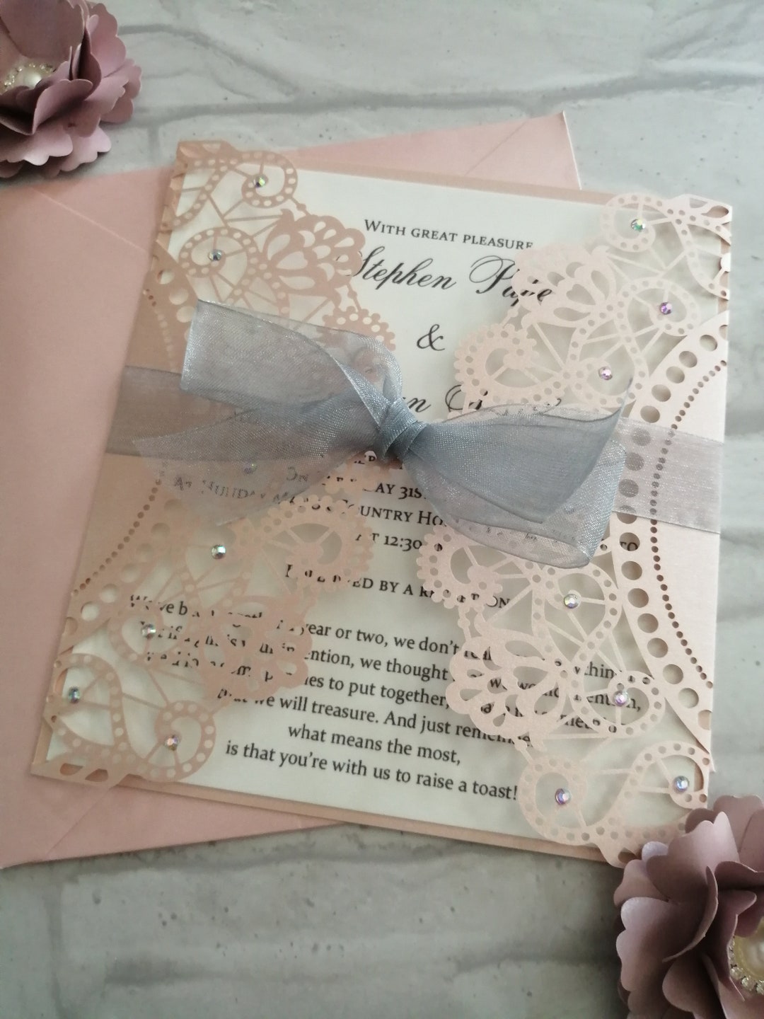 SAMPLE Blush Pink Laser Cut Wedding Invitations Personalised Diamante ...