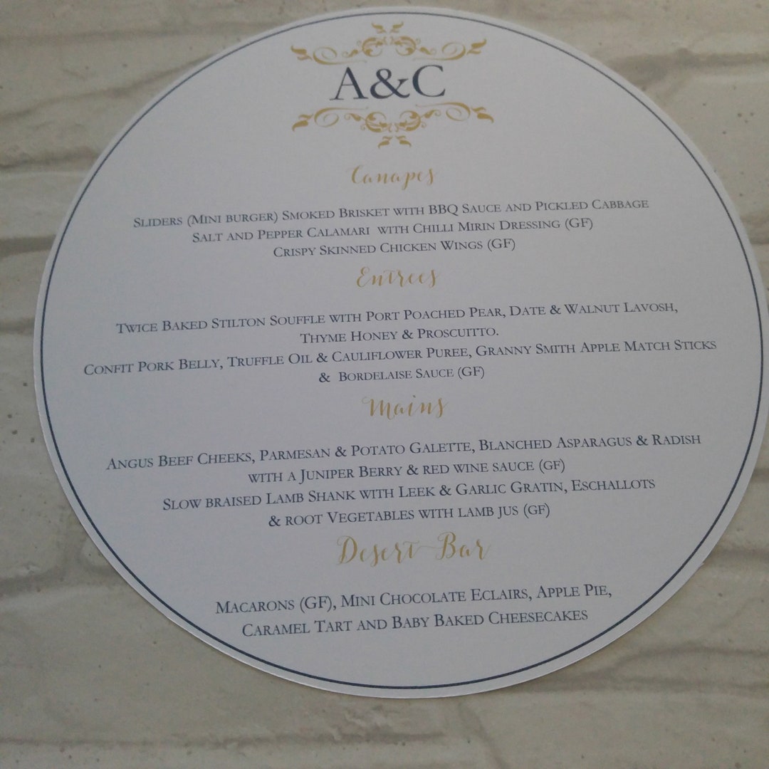 Monogram Wedding Menu | Round Charger Plate | Personalised Name Place ...