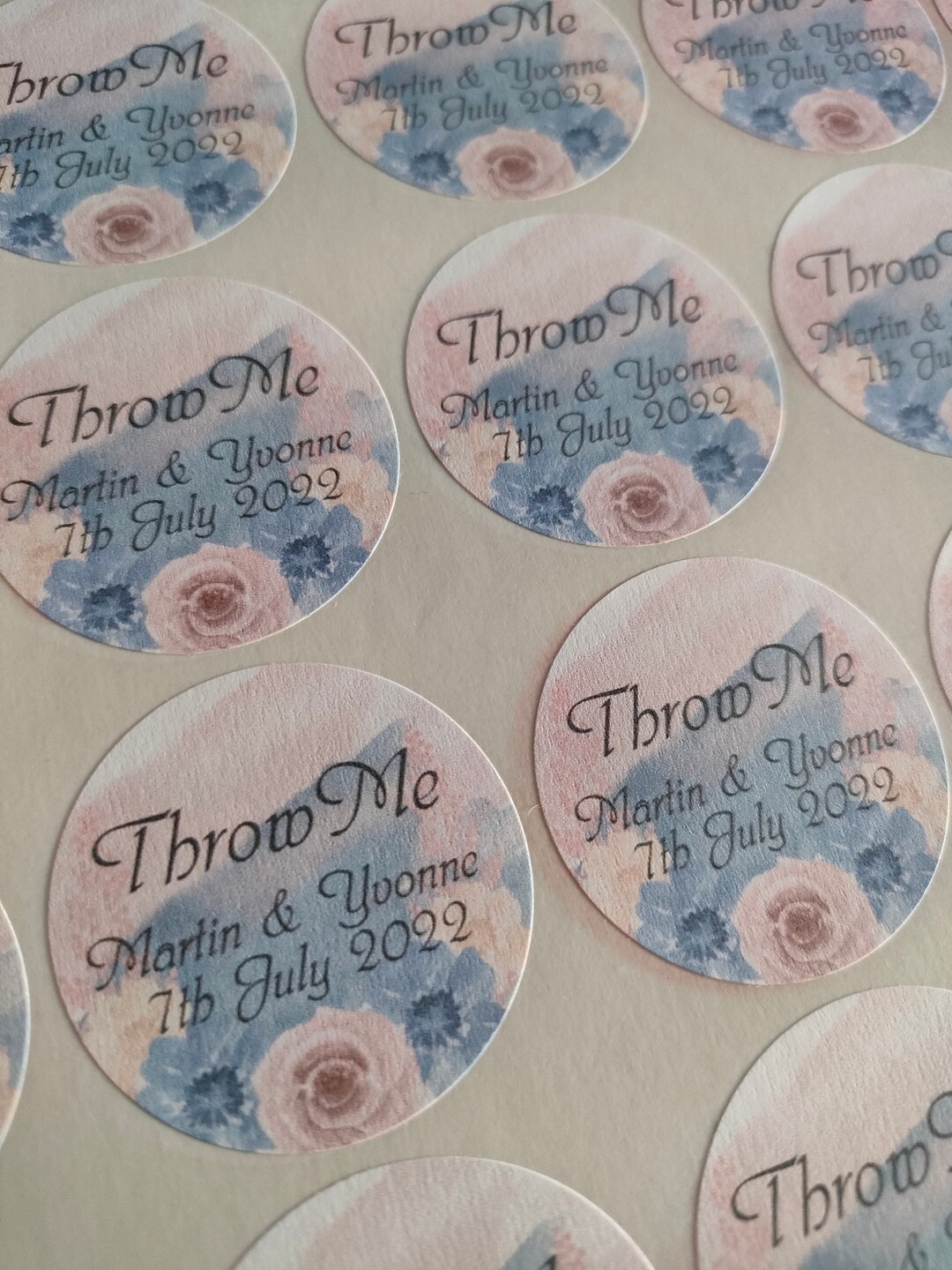 Personalised Throw Me Confetti Stickers Wedding Blue and Pink Floral ...