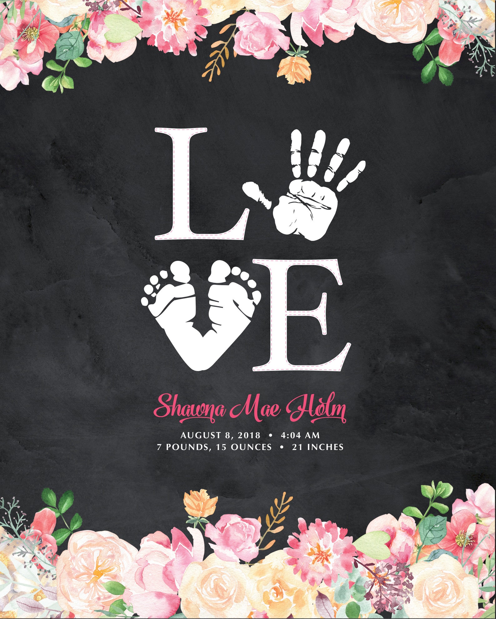 Personalized Baby Girl Birth Stats, Handprint & Floral Chalkboard ...
