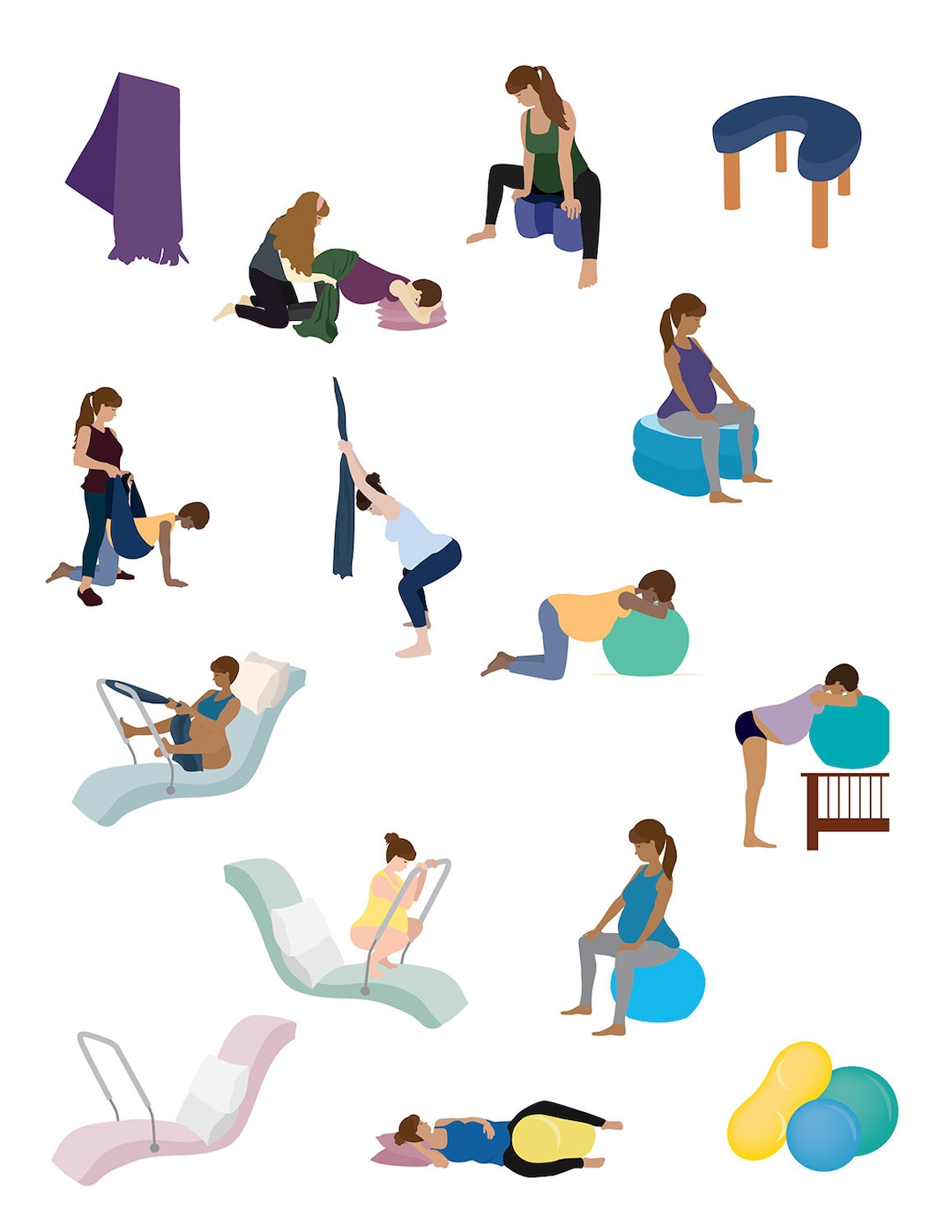 Set 2: Props for Labor / Birth Positions Vector Illustrations, Artwork ...