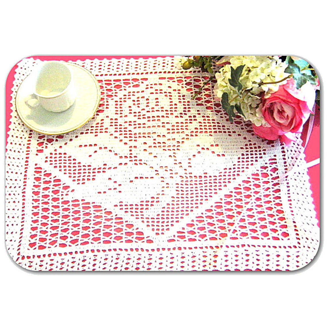 Rectangular White Crochet Filet Doily With Rose in Cotton - Etsy