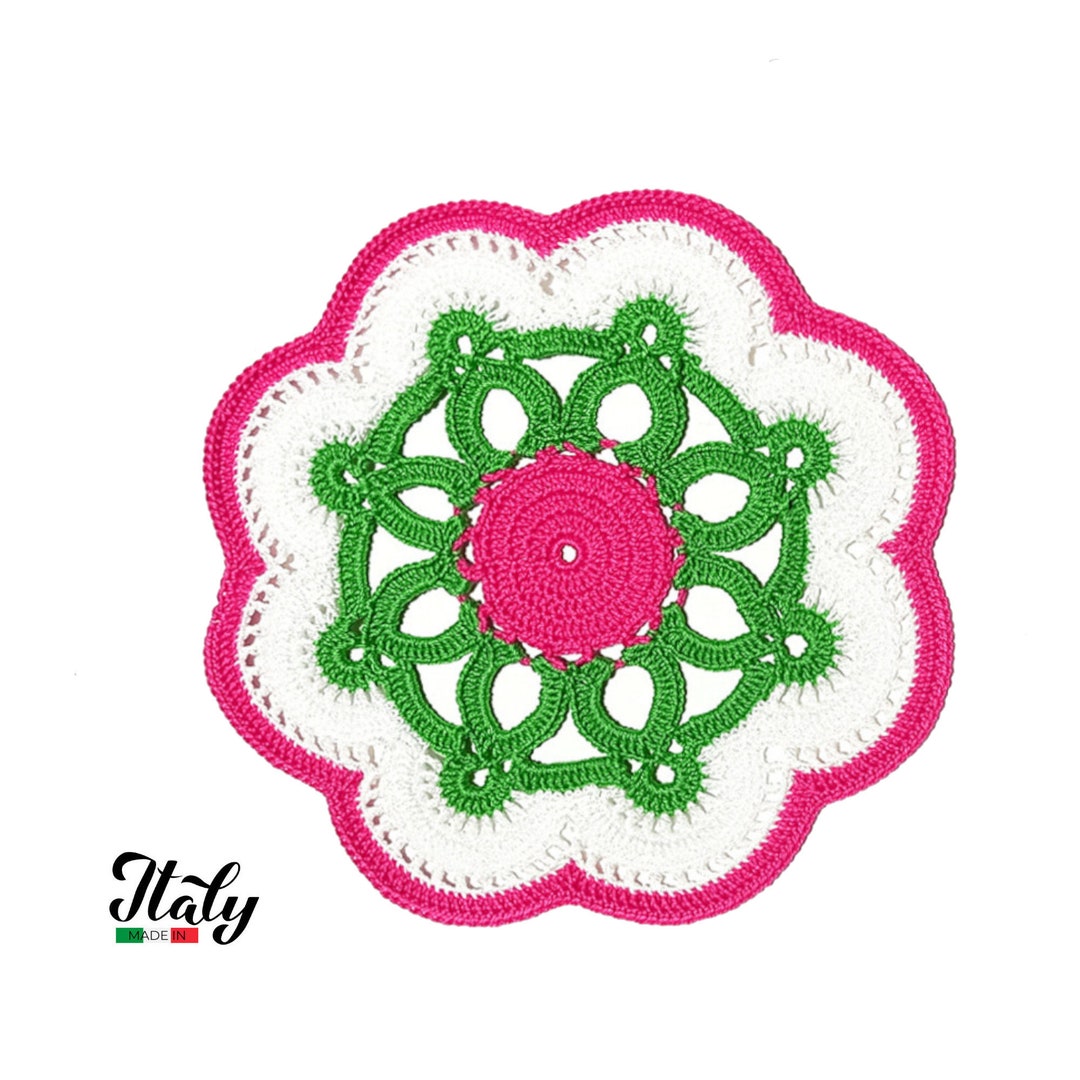 Round Hot Pink, Green and White Crochet Doily in Cotton 8.6 Inc (22 Cm ...