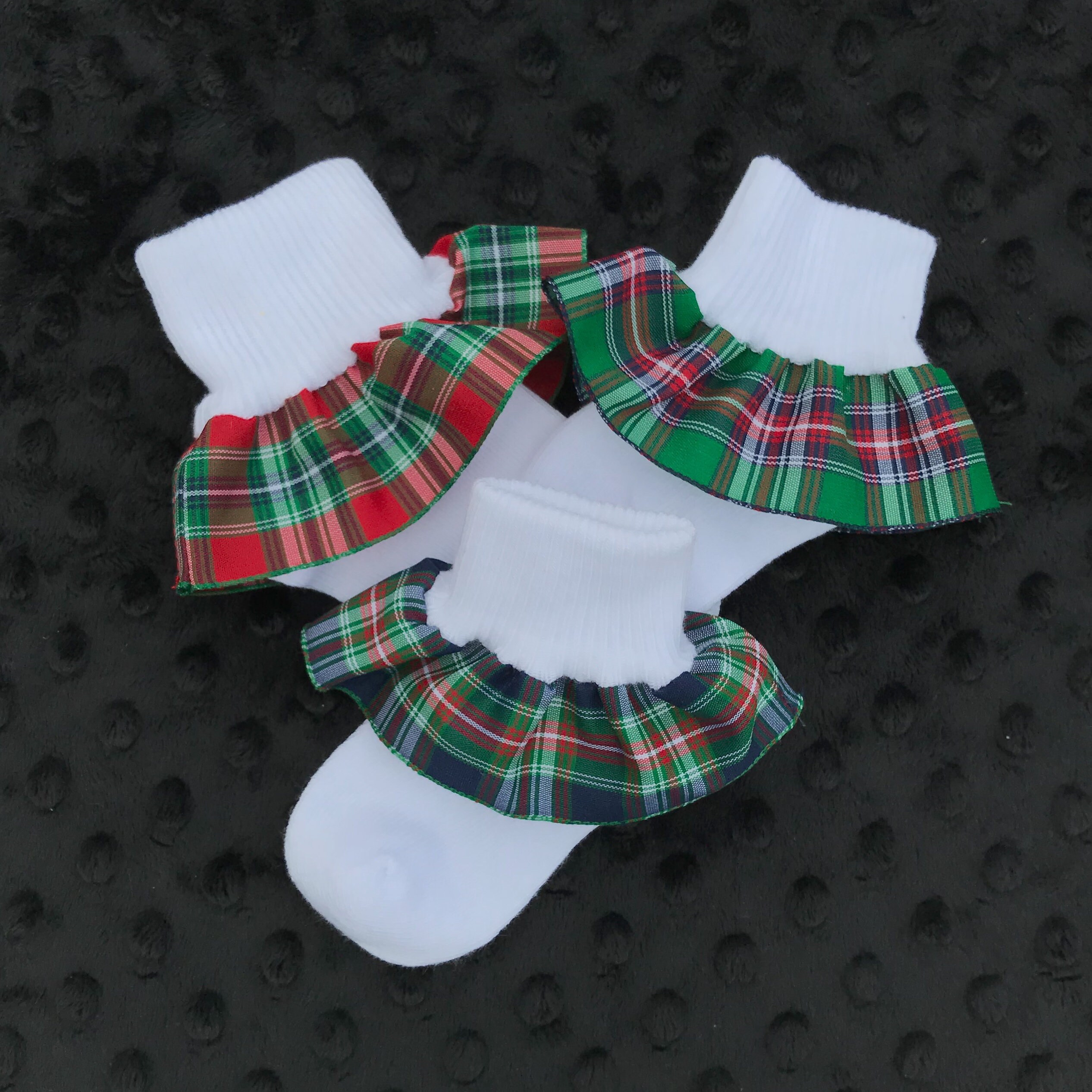 Christmas Ruffled Socks-Santa-Red-Green-Plaids-Ribbon Trimmed | Etsy