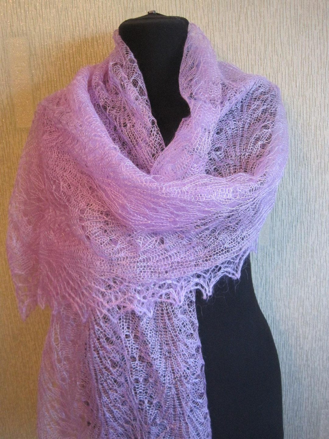 Openwork All Season Scarf of Pink Goat Down Yarn on Silk Basis Friendly ...