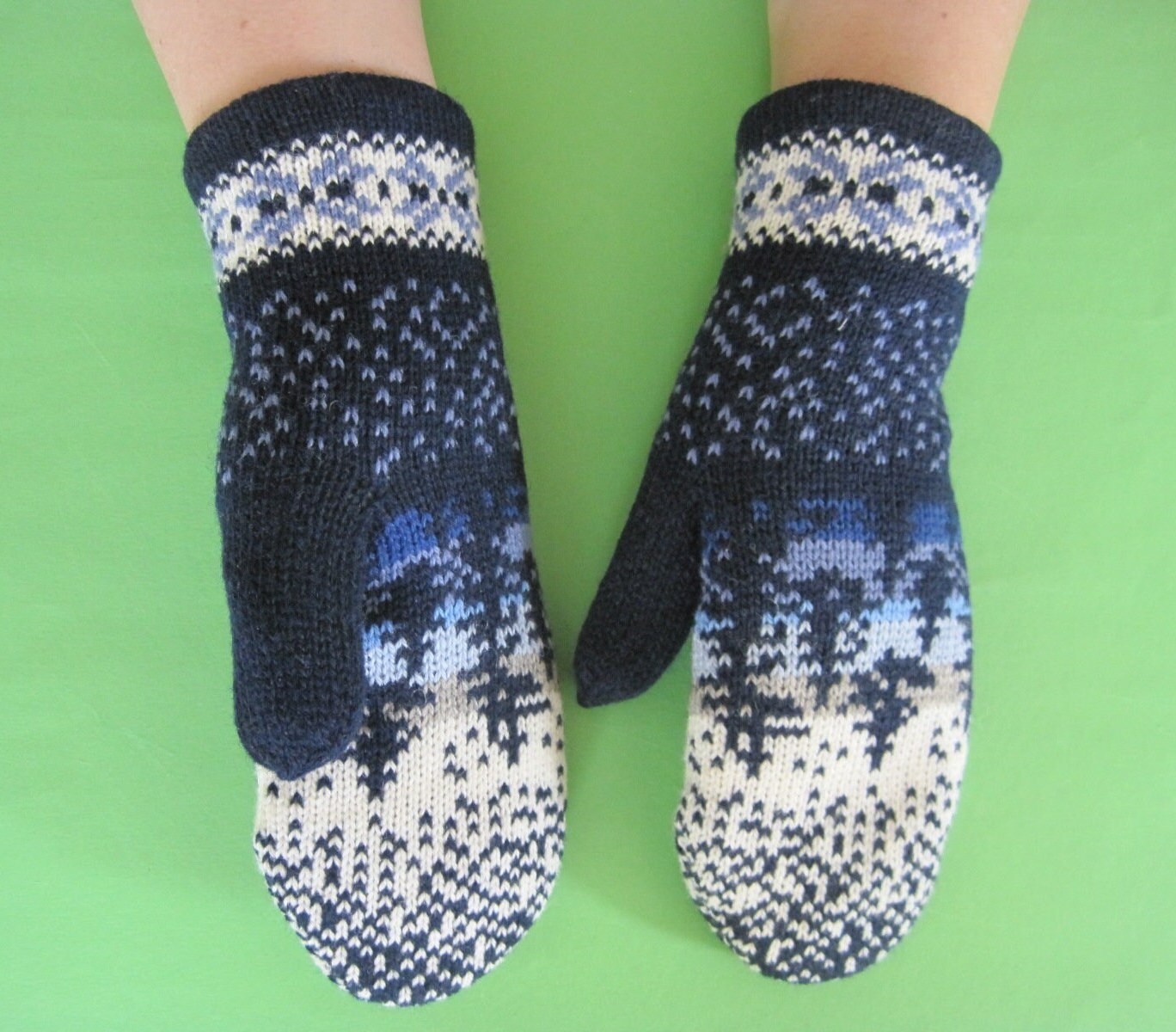 Women Two-layer Knit Mittens Natural Merino Wool Yarn Scandinavian ...
