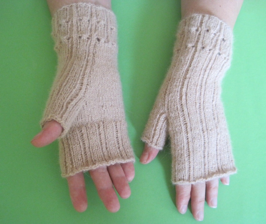 Handmade Fingerless Gloves Friendly to Skin Natural Beige Estonian Wool Yarn With Adding Lurex ...