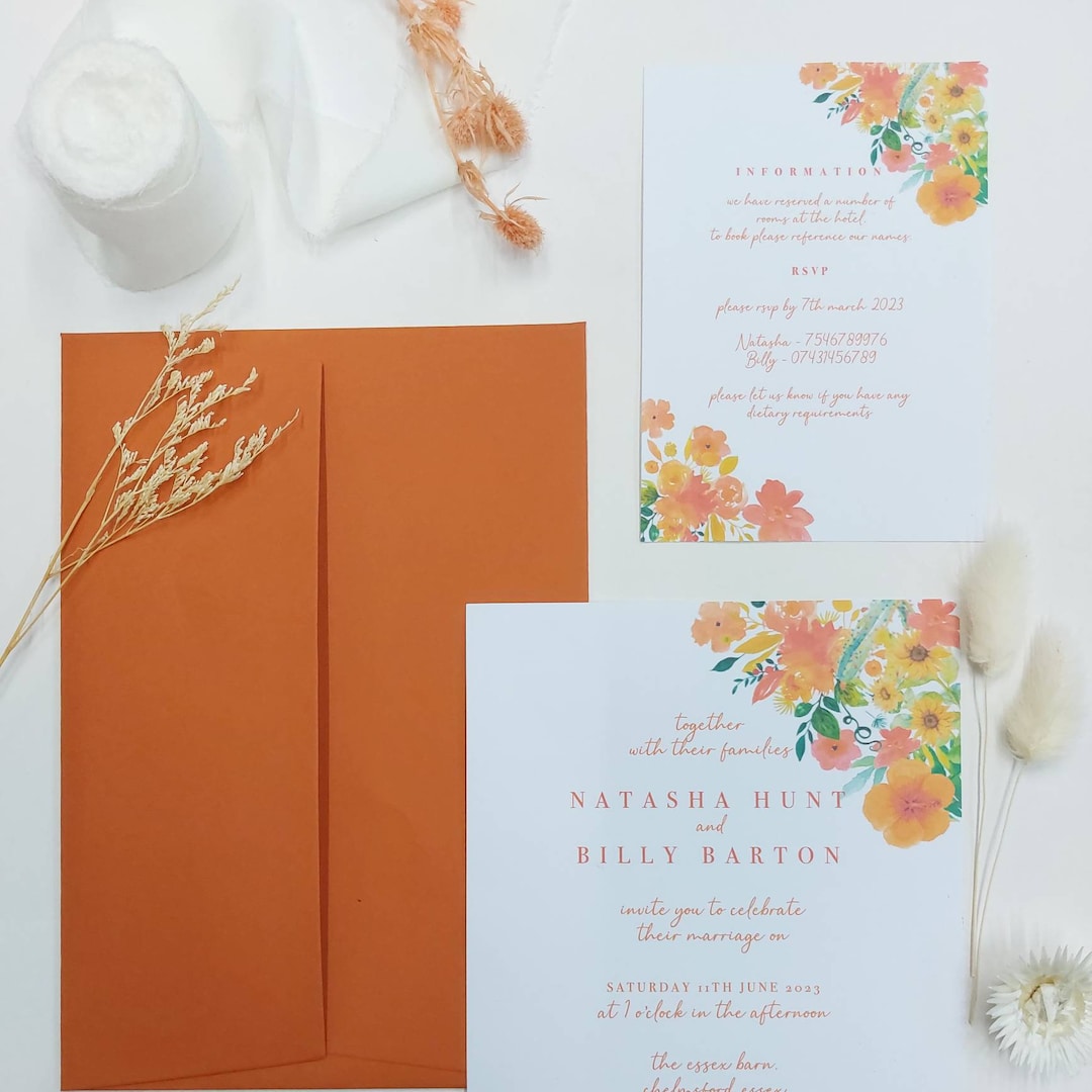 Orange / Burnt Orange Wedding Invitation | Summer Wedding | Floral ...