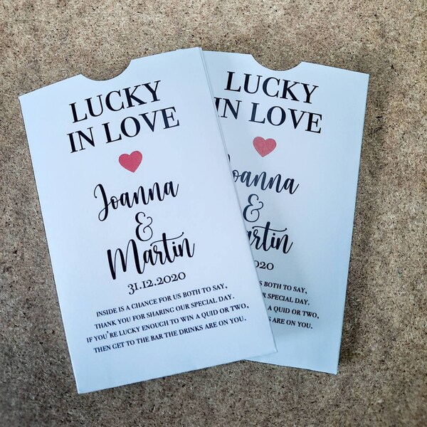 X10 Personalised LUCKY IN LOVE Scratch Card Holders Wedding Favours ...