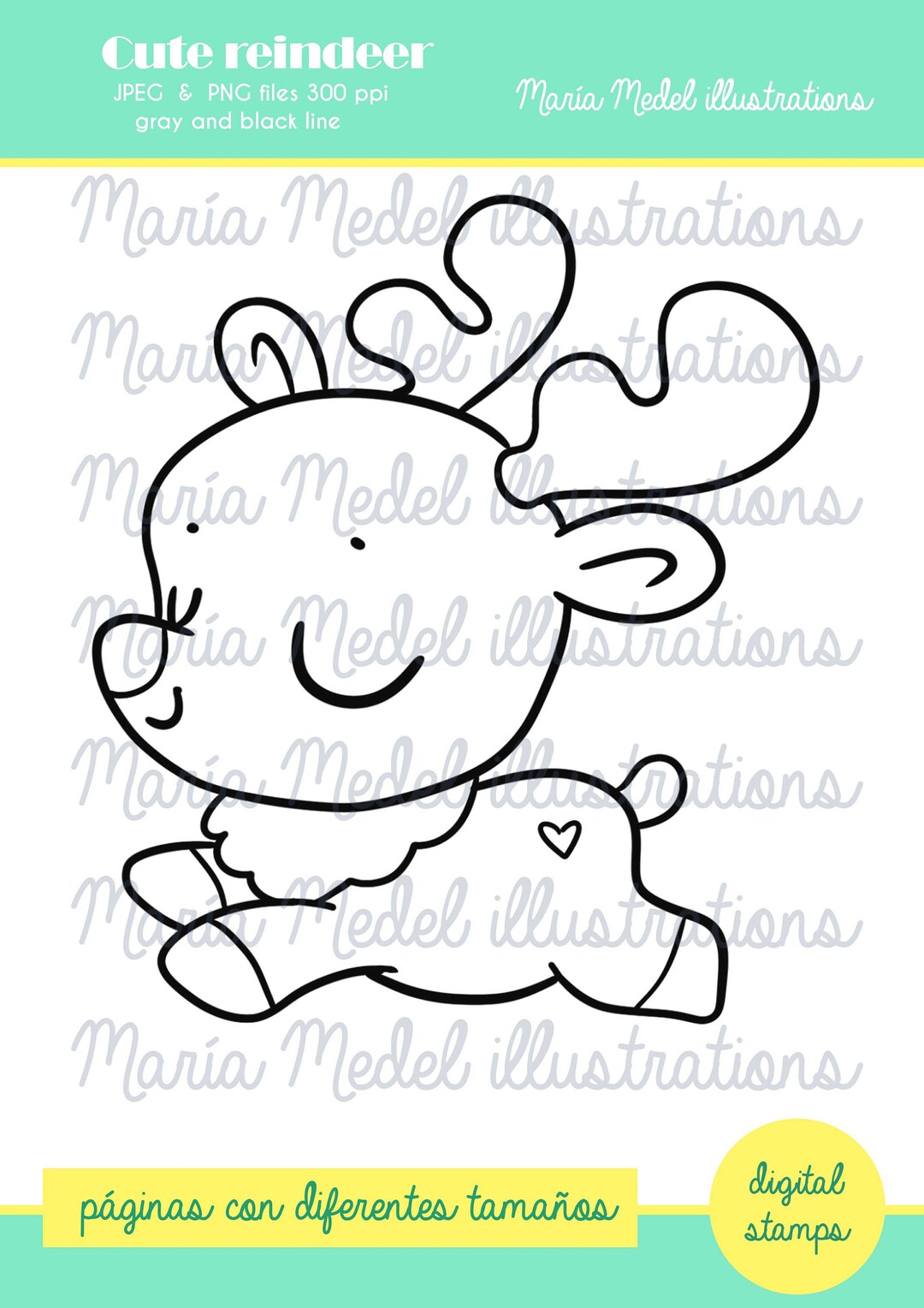 CUTE REINDEER. Christmas Digi Stamp Set for Card Making, Scrap Booking ...