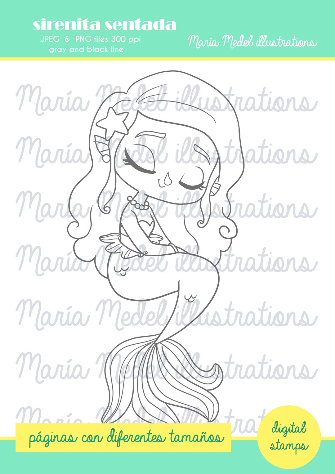 Sirena sentada-SELLO DIGITAL para álbum de recortes, fabricación de ...