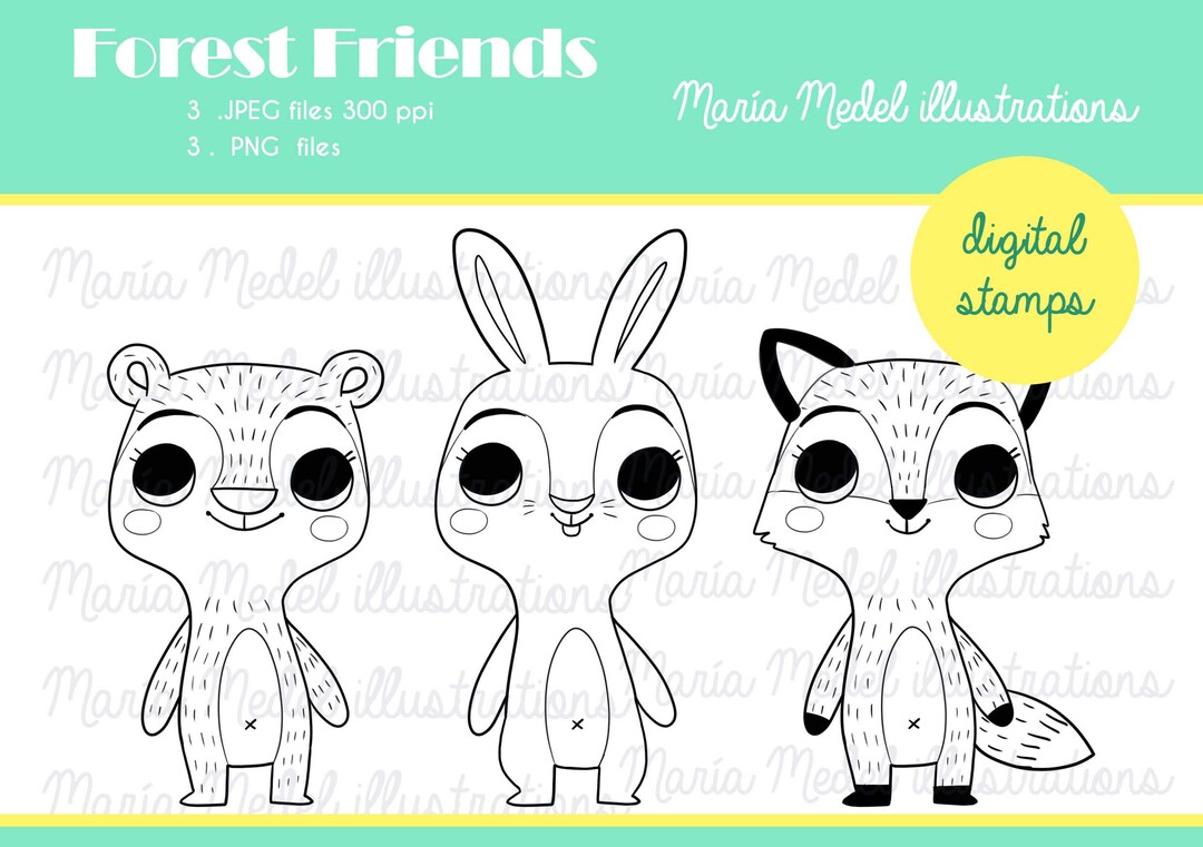 Bear, Fox and Bunny Cute Digital Stamps for Scrapbooking, Card Making ...