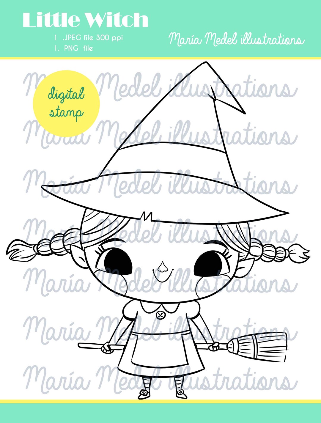 HALLOWEEN LITTLE WITCH Digital Stamp, Line Art Illustration for ...