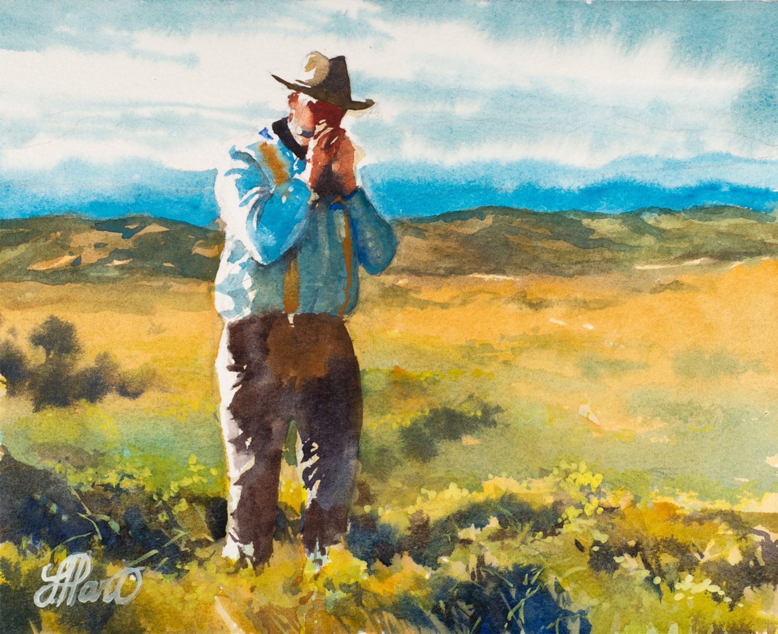 Harmonica Player, Musical Painting, Cowboy Painting, Watercolor ...