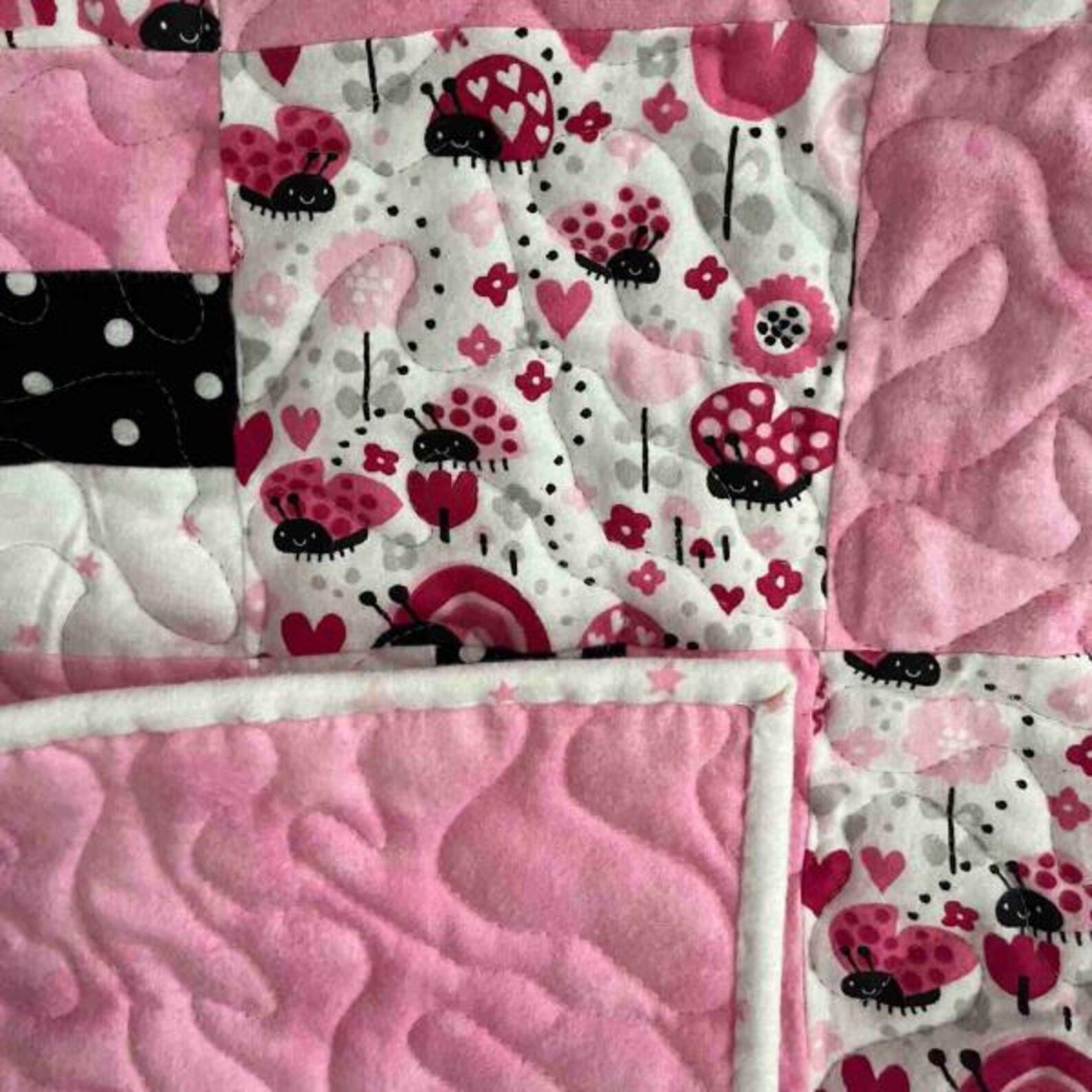 Lady Bug Baby Quilt – Pink & Black Ladybug Crib Quilt | Handmade Baby ...