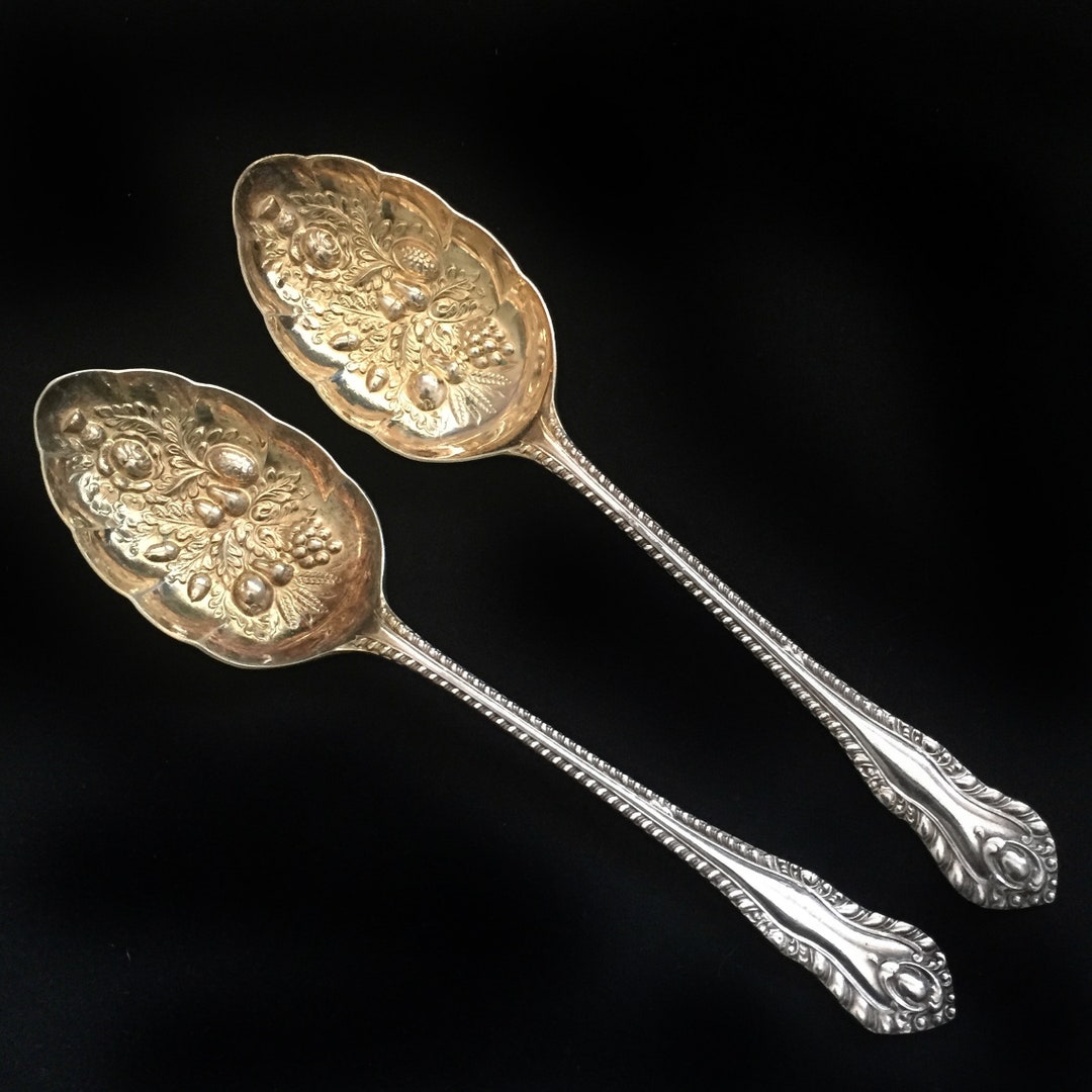 WILLIAM ADAMS 2pc 9" Silverplate & Gold Wash Berry Spoons - Sheffield ...