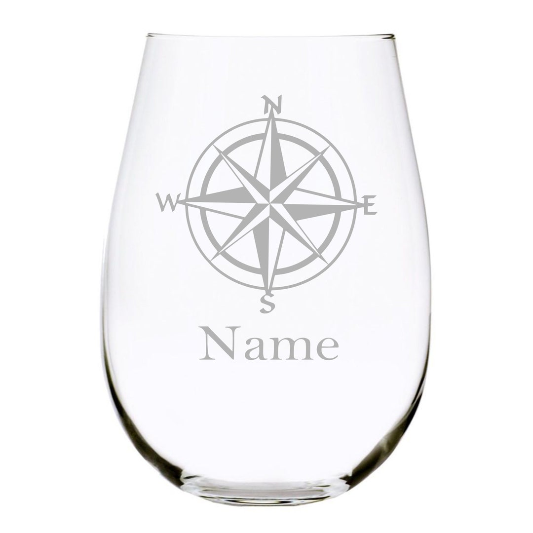 Nautical Compass With Name, 17 Oz. Custom Stemless Wine Glass ...
