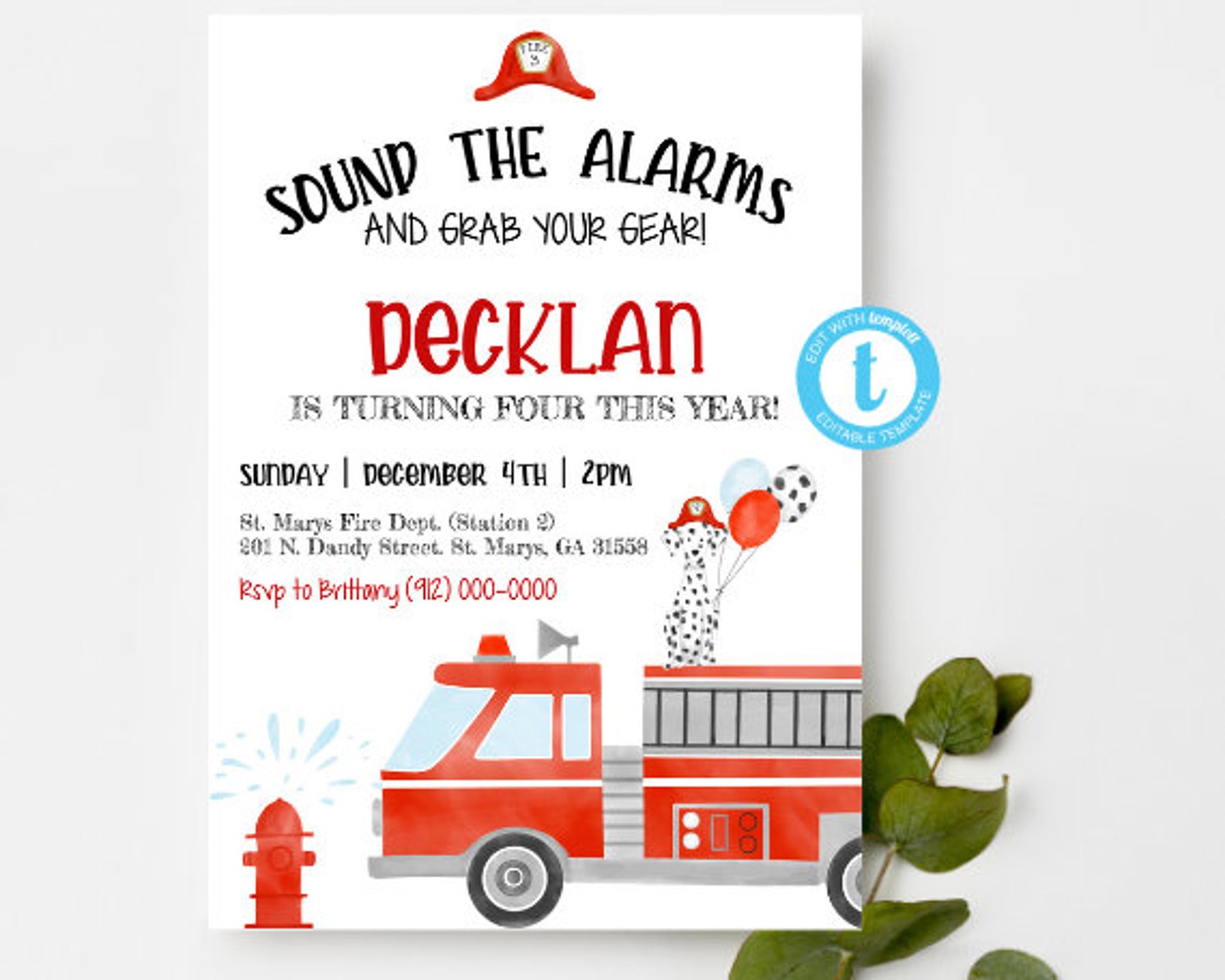 Editable Fire Truck Birthday Invitation | Fire Station Editable ...